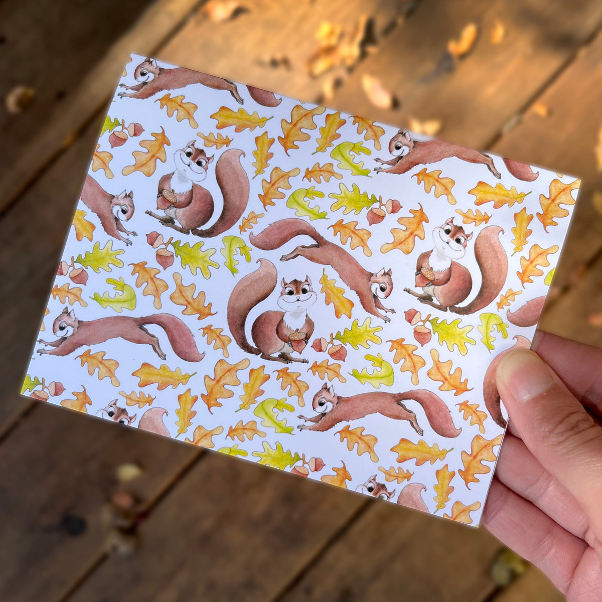 Note Card Set - A2 size - Fall Themed Squirrels & Oak Leaves Pattern ...